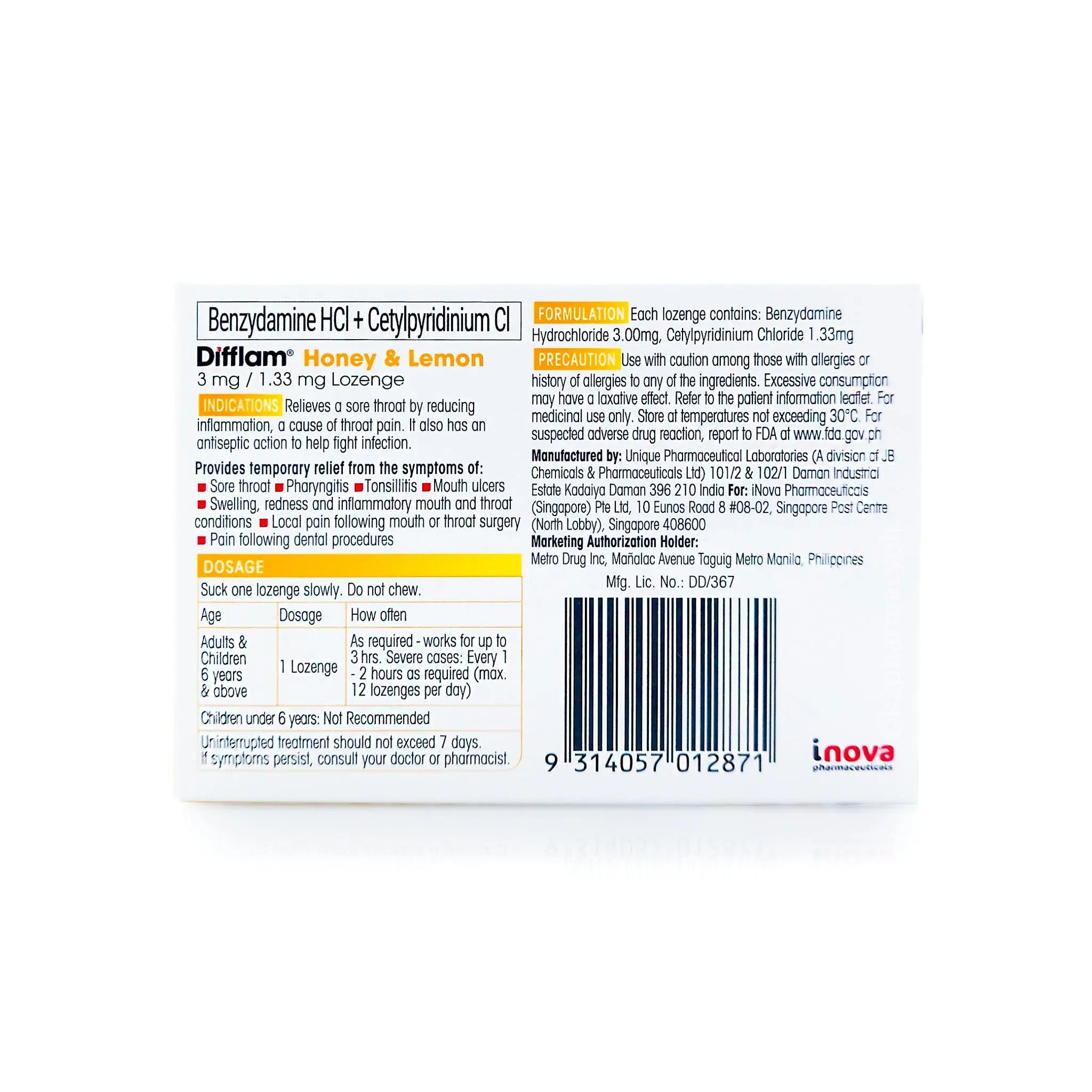 Difflam® Honey & Lemon Sugar Free Lozenges Metro Drug Inc.