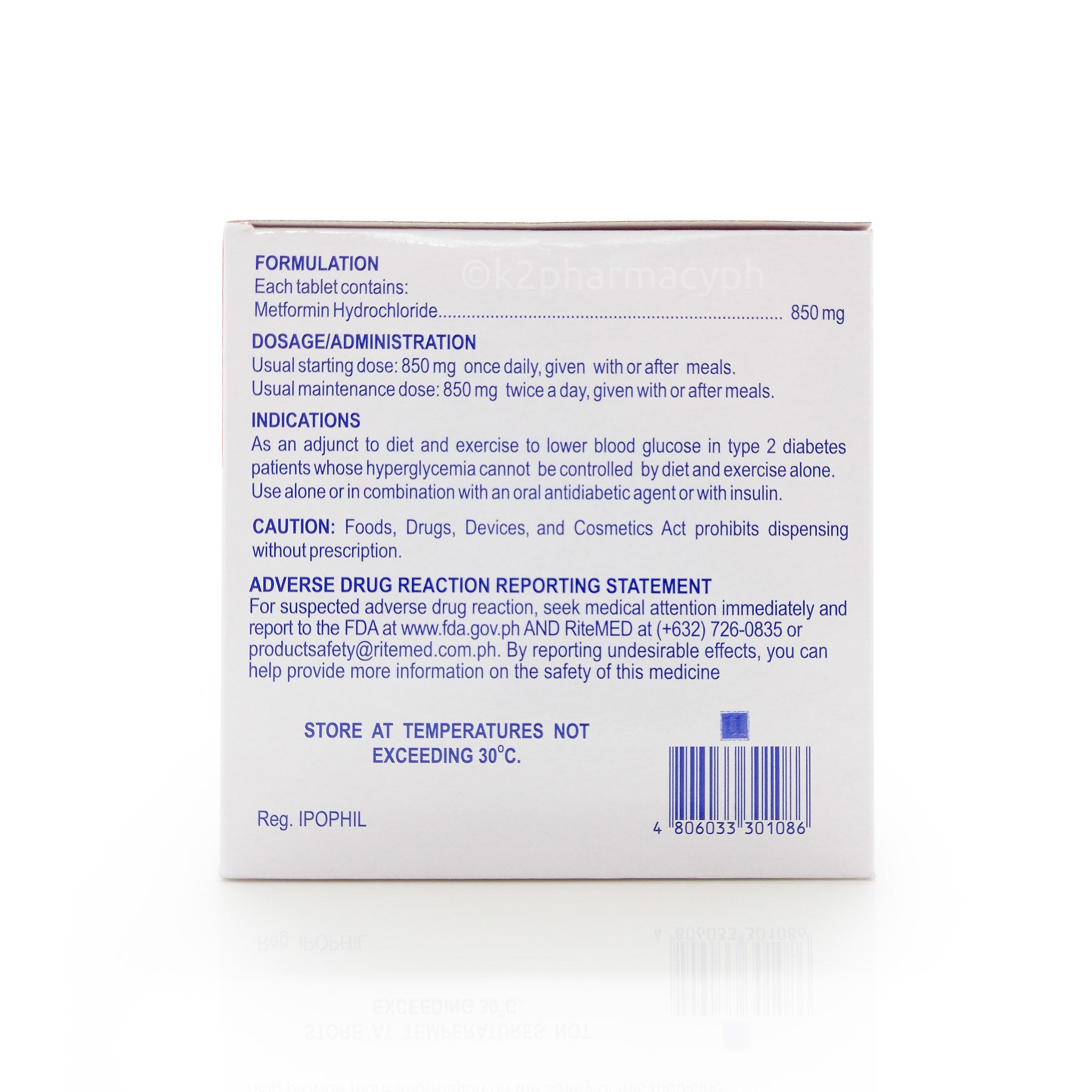 Ritemed® Metformin HCI 850mg Tablets